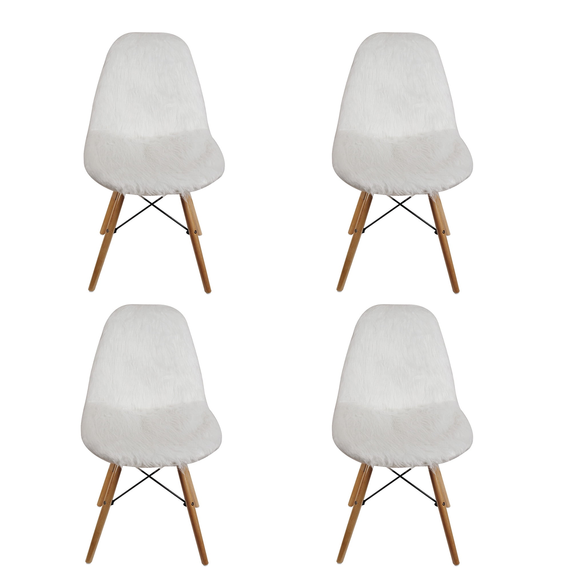 Leejay White Armless Faux Fur Fuzzy Desk Chairs with Wood Legs，Set of 4 ...