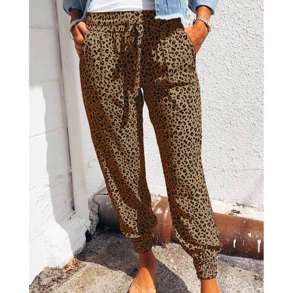 Leesechin Black Pants for Women Casual Summer Leopard Print Trousers ...