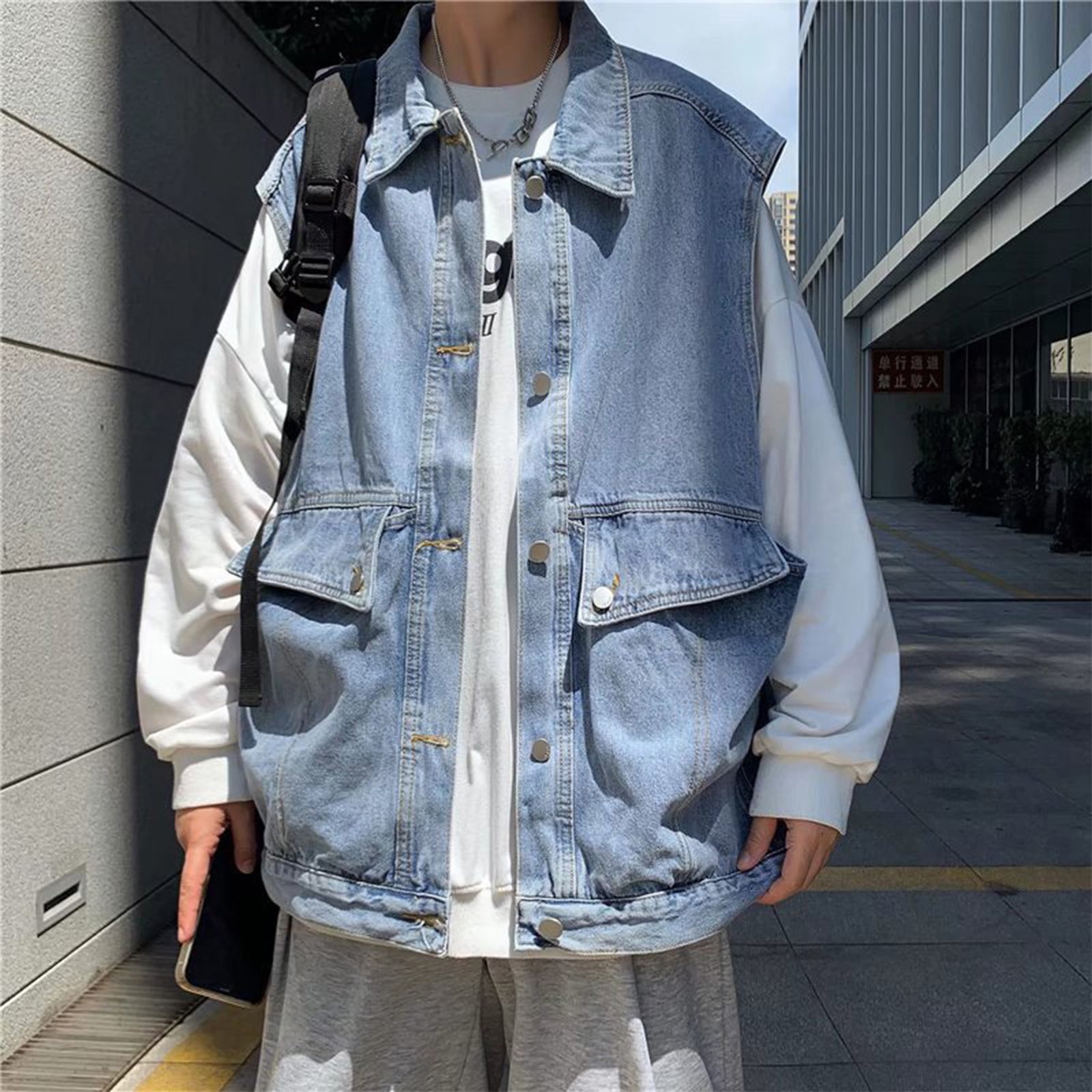 Leesechin Denim Vest for Men Casual Lapel Trucker Jeans Vests Fashion ...