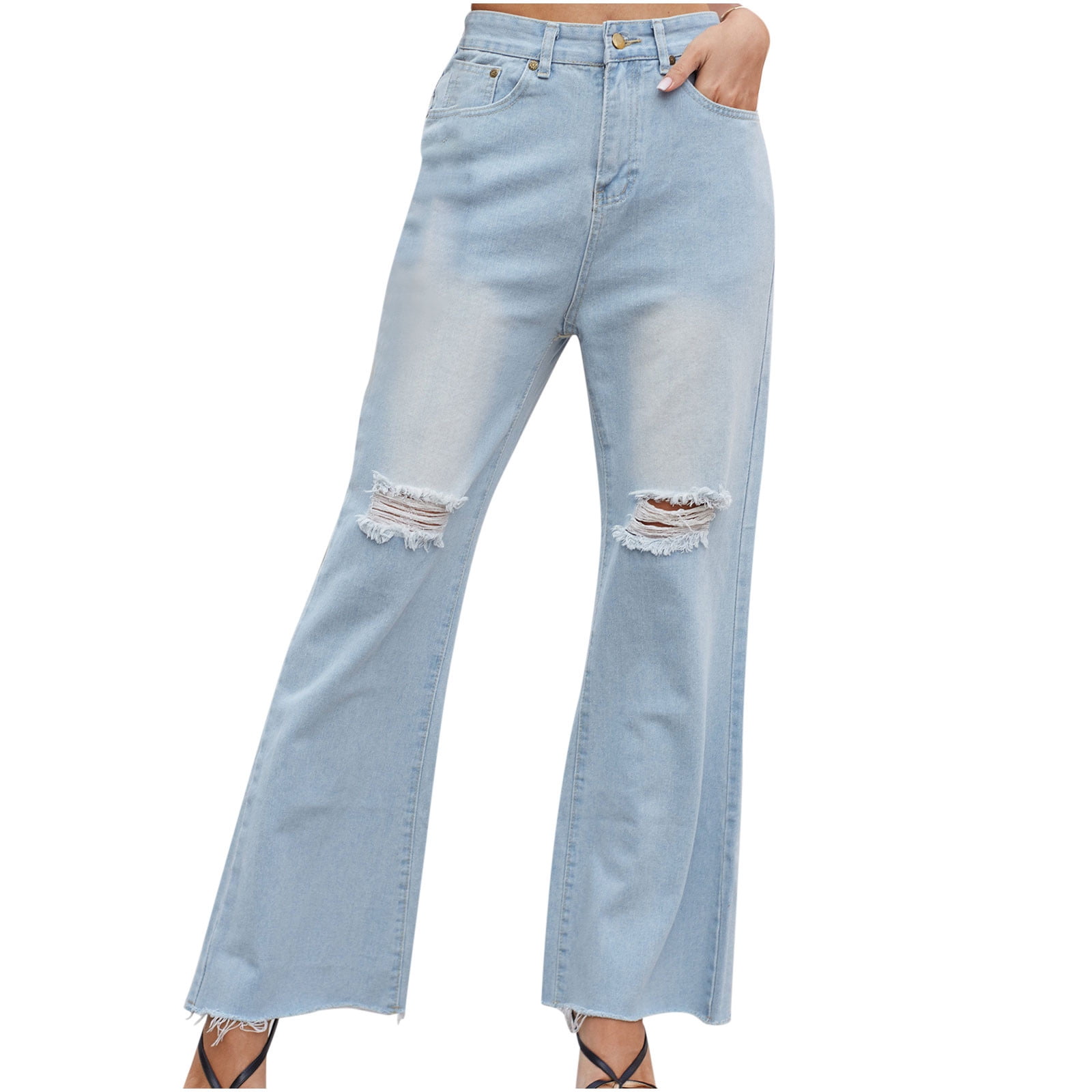 Leesechin High Waisted Ripped Flare Jeans for Women Distressed Bell ...