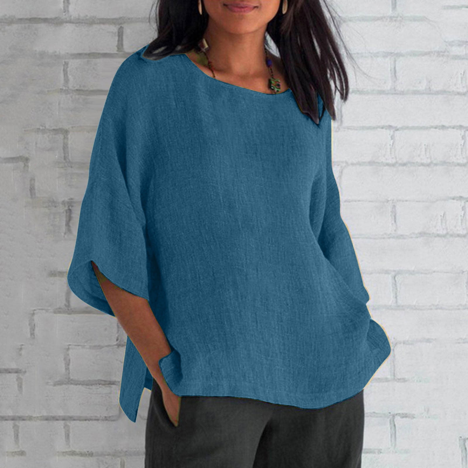 Leesechin Linen Shirts for Women 3/4 Sleeve Plus Size Tops Loose Crew ...