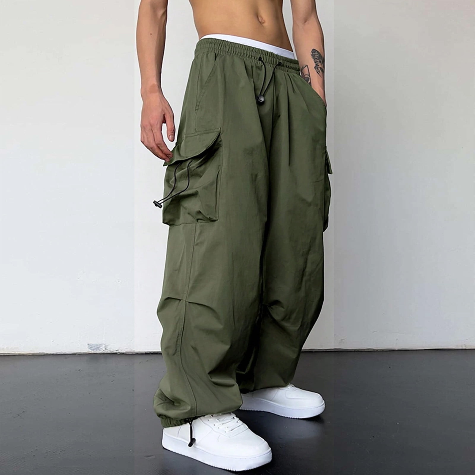Leesechin Men's Baggy Cargo Pants Trendy Casual Parachute Pant Loose Fit Harem Joggers with ...