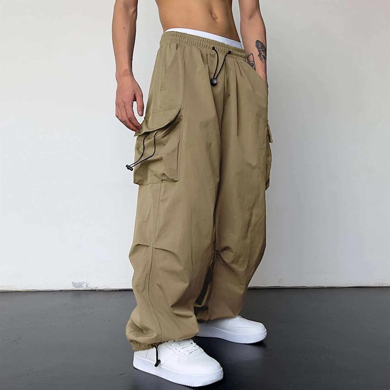 Leesechin Men's Baggy Cargo Pants Trendy Casual Parachute Pant Loose Fit Harem Joggers with ...