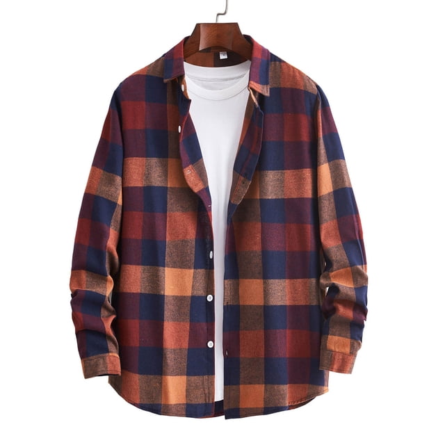 Leesechin Men's Flannel Shirts Cotton Long Sleeve Plaid Shirt Casual ...