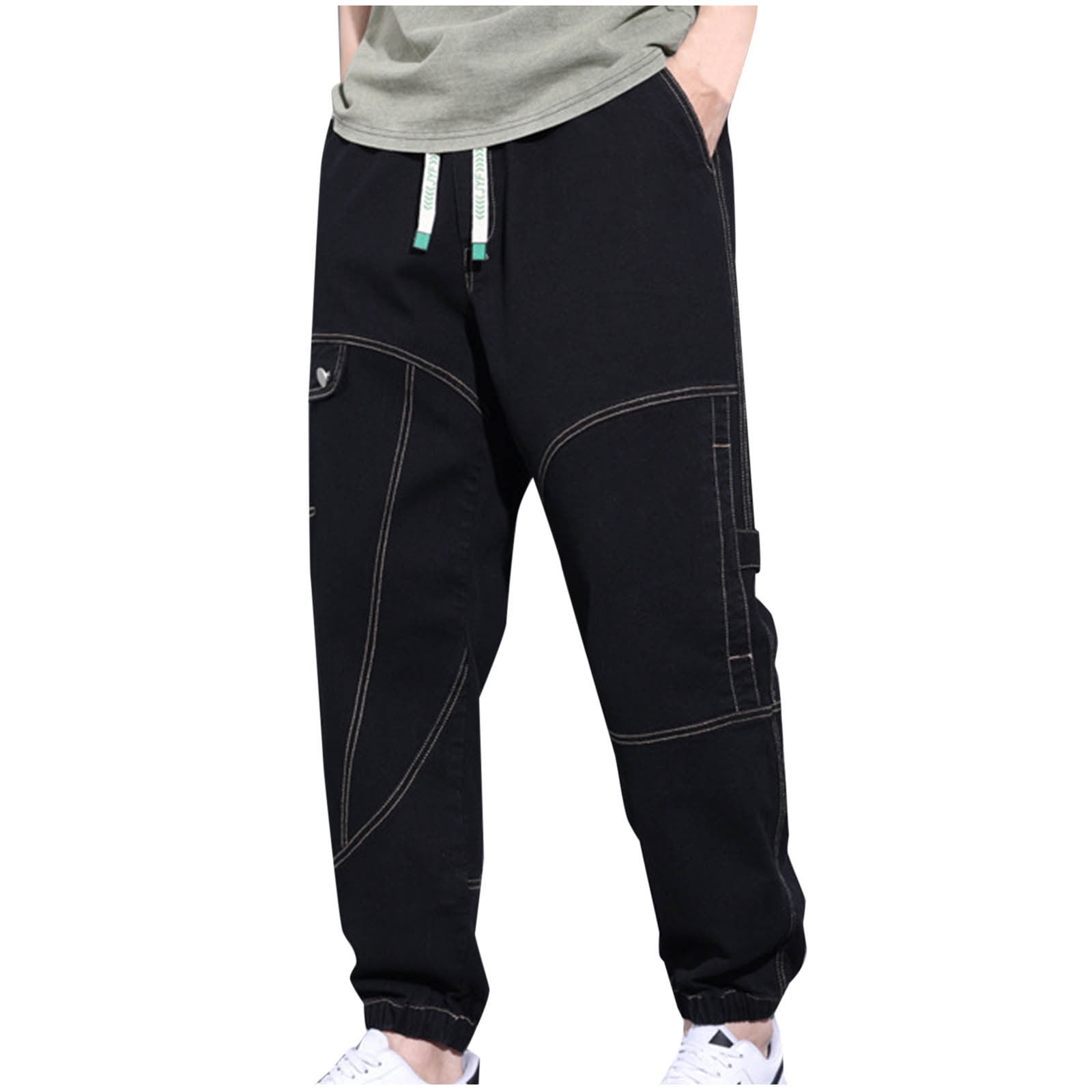 Leesechin Mens Elastic Waist Jeans Relaxed Fit Men's Cargo Tapered ...