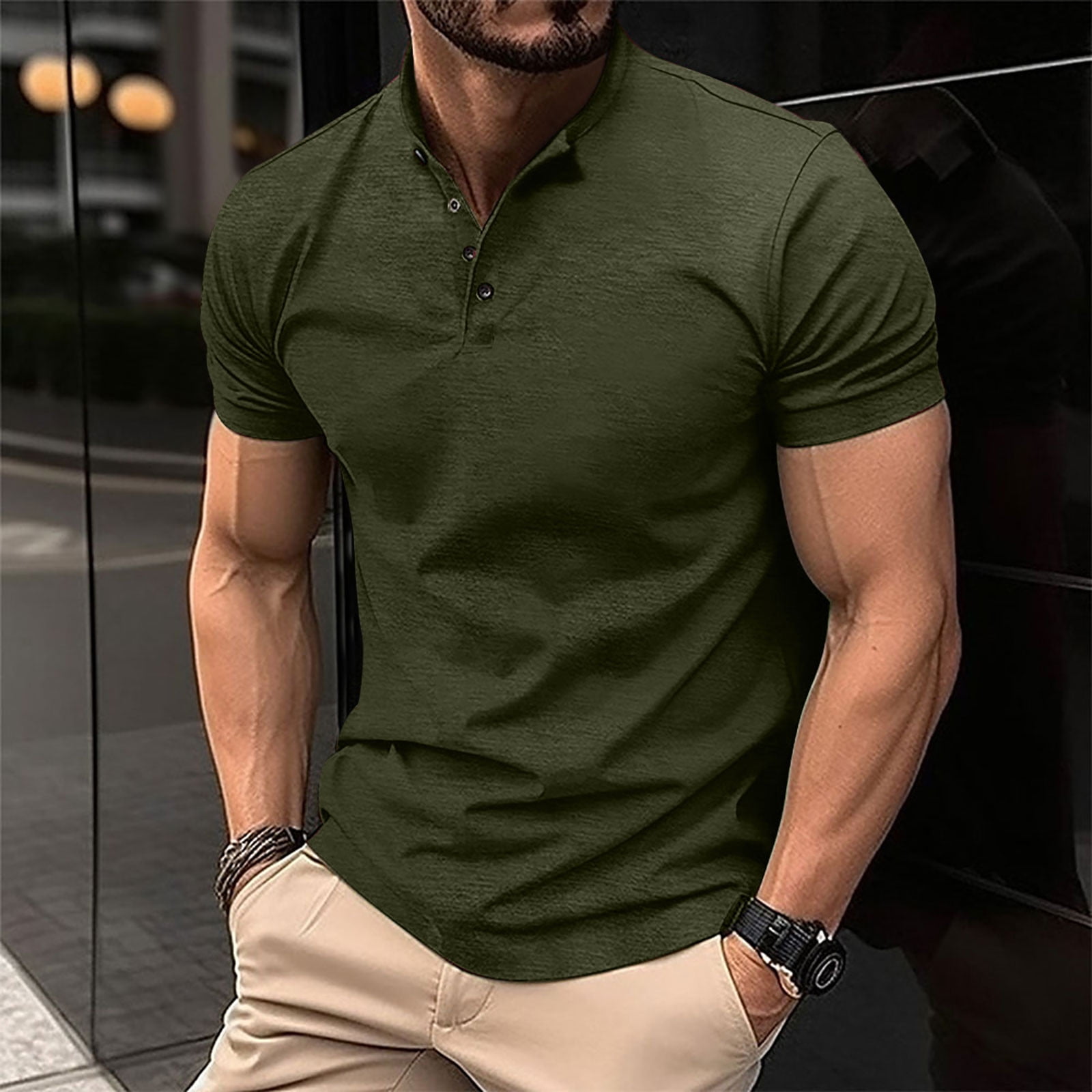 Leesechin Mens Fitted T Shirts Men Casual Button Short Sleeve Solid ...