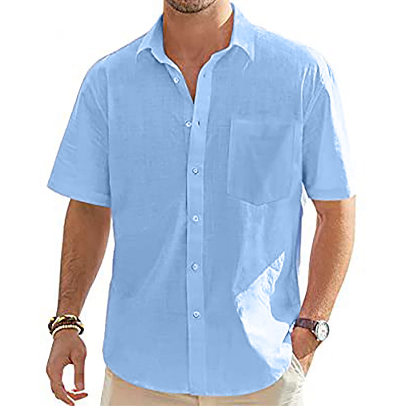 Leesechin Mens Short Sleeve Cuban Camp Guayabera Shirt Linen Cotton Hippie Beach Button Down ...