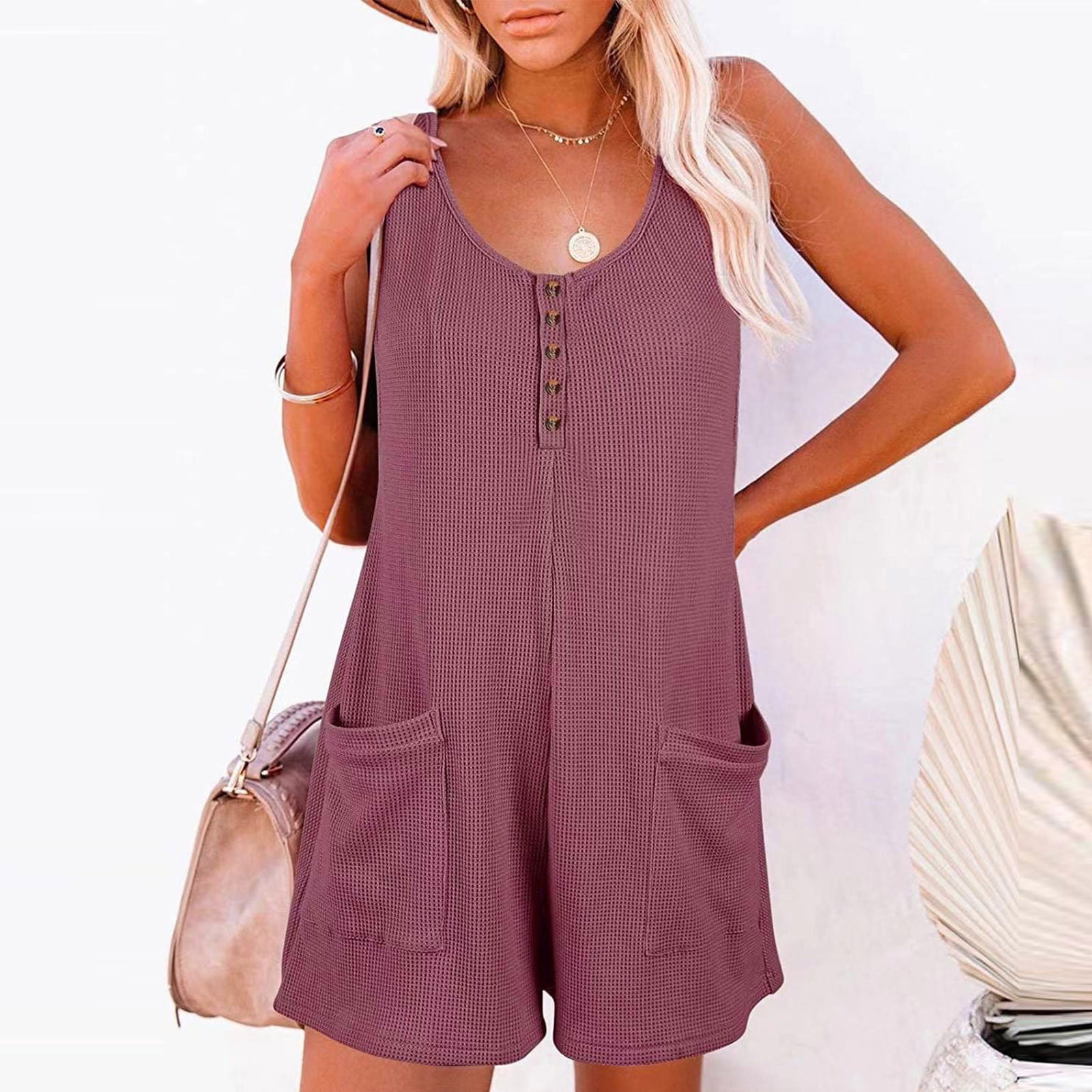 Leesechin Scoop Solid Neck Sleeveless One-Piece Buttons Short Juniors ...