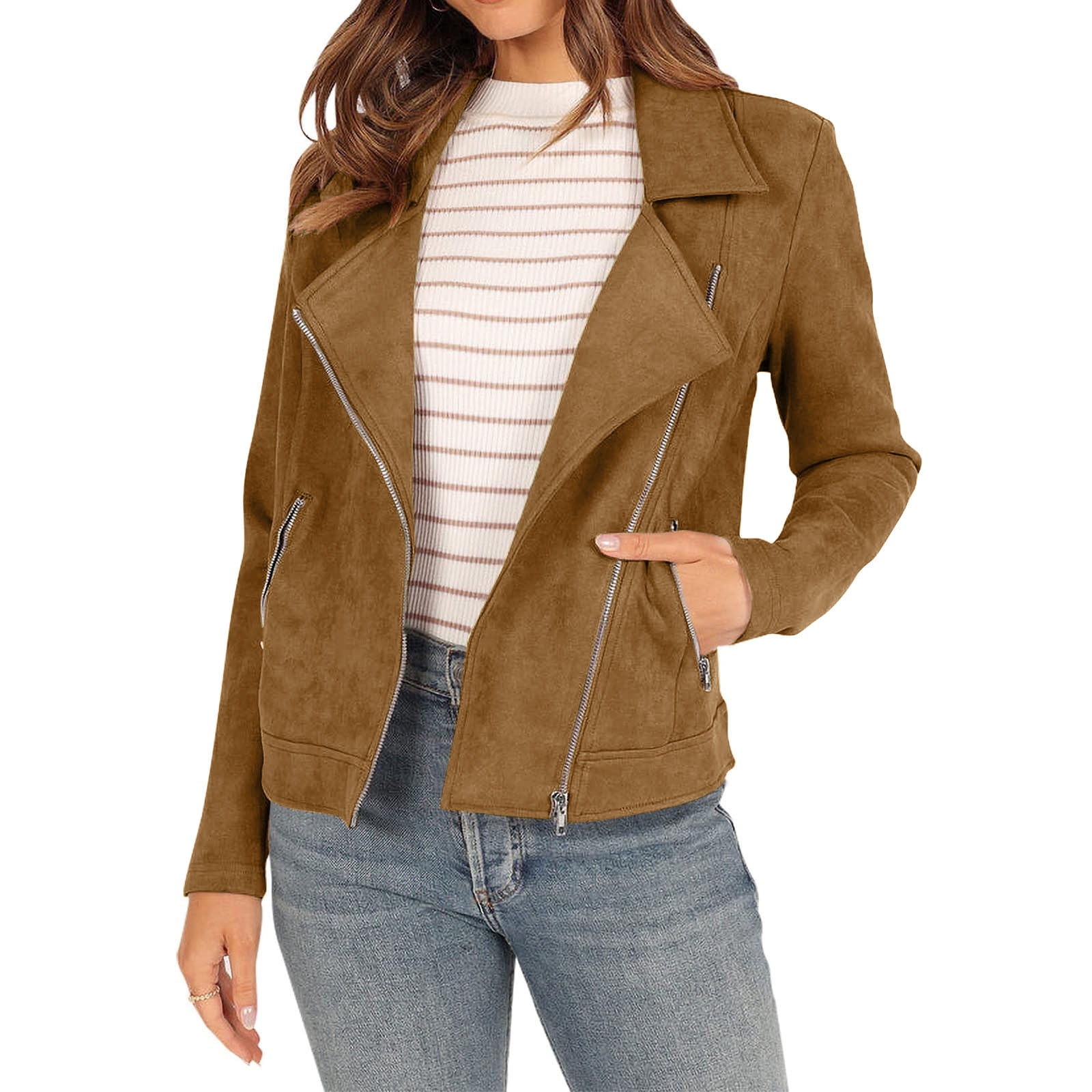 Leesechin Scrub Jackets for Women Clearance Fall Faux Suede Biker Moto ...
