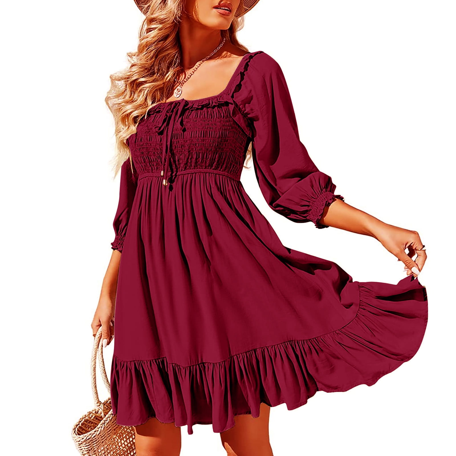 Leesechin Summer Dresses for Women 2024 Women's Square -Neck Fashion Casual Temperament Drawcord ...