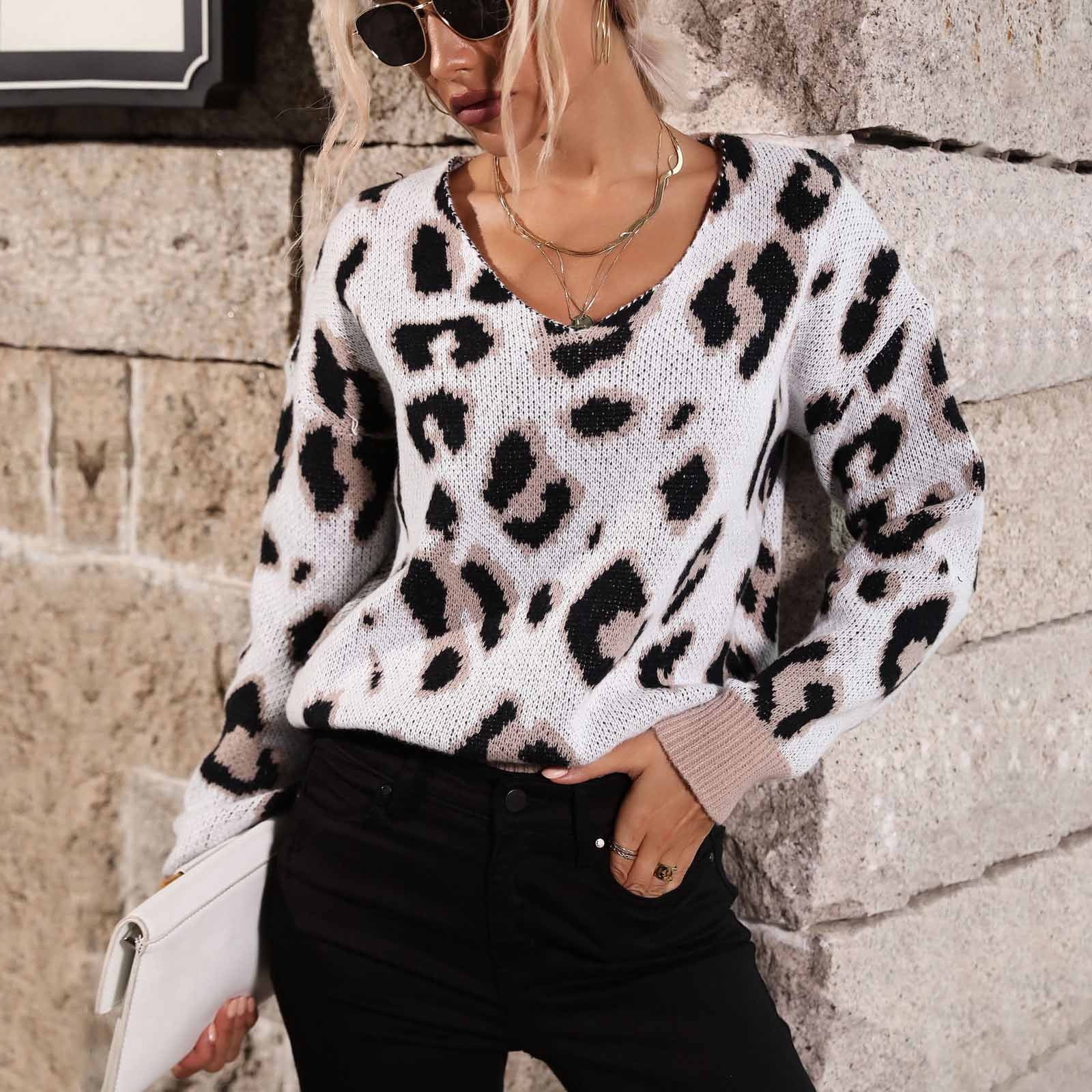 Leesechin Sweaters for Women Clearance Round Neck Color Matching Loose ...