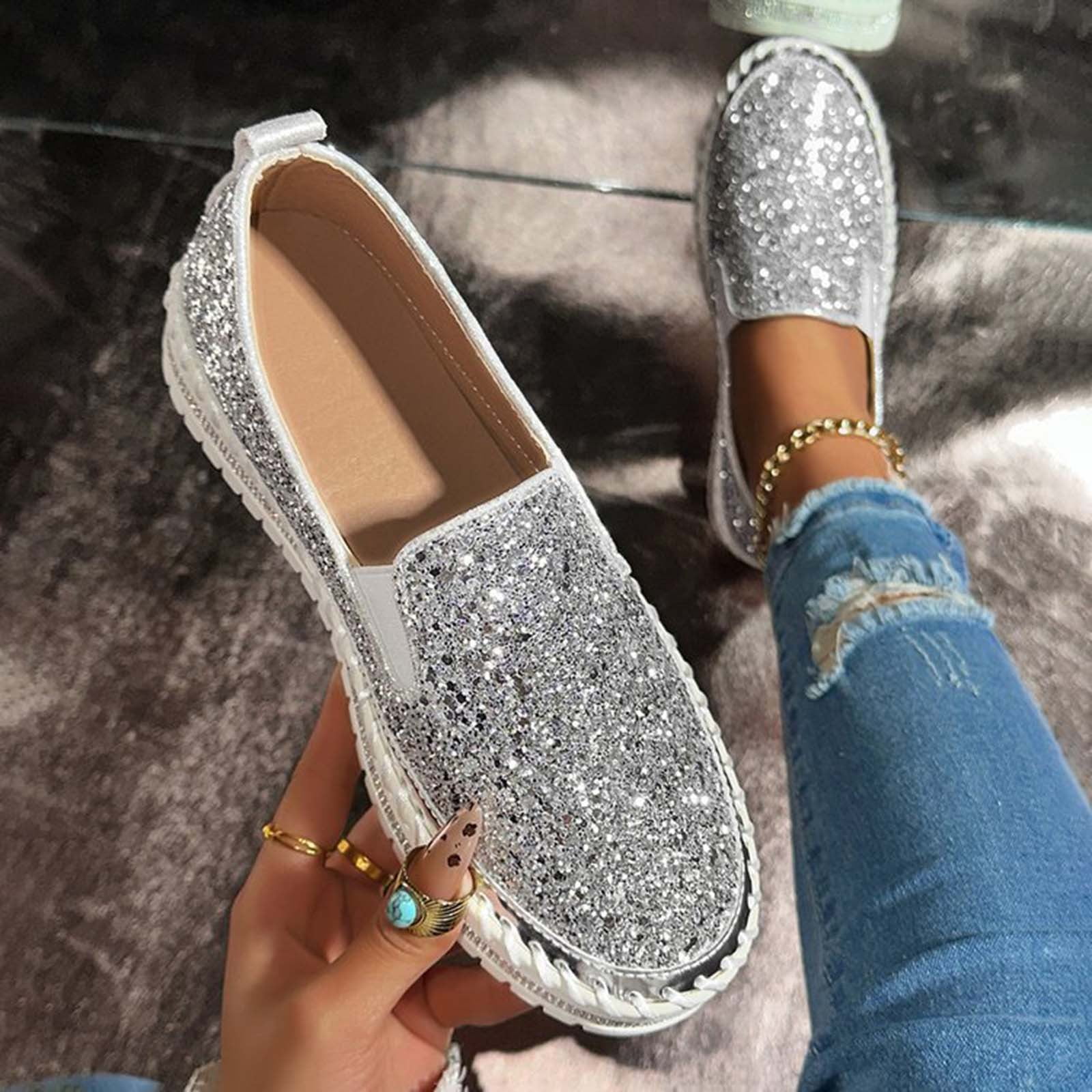 Leesechin Women's Fashion Rhinestone Slip On Sneakers Casual Comfort ...