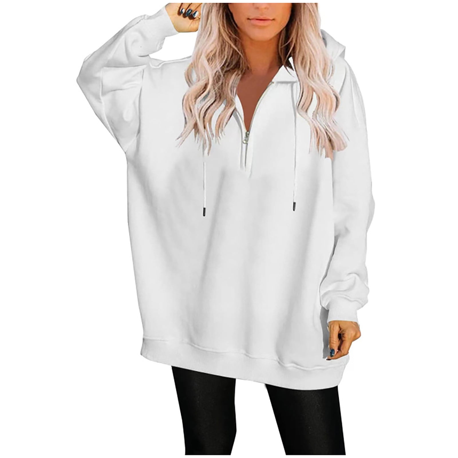 Leesechin Women's Long Sleeved Solid Color Loose Zippered V-neck Extra ...