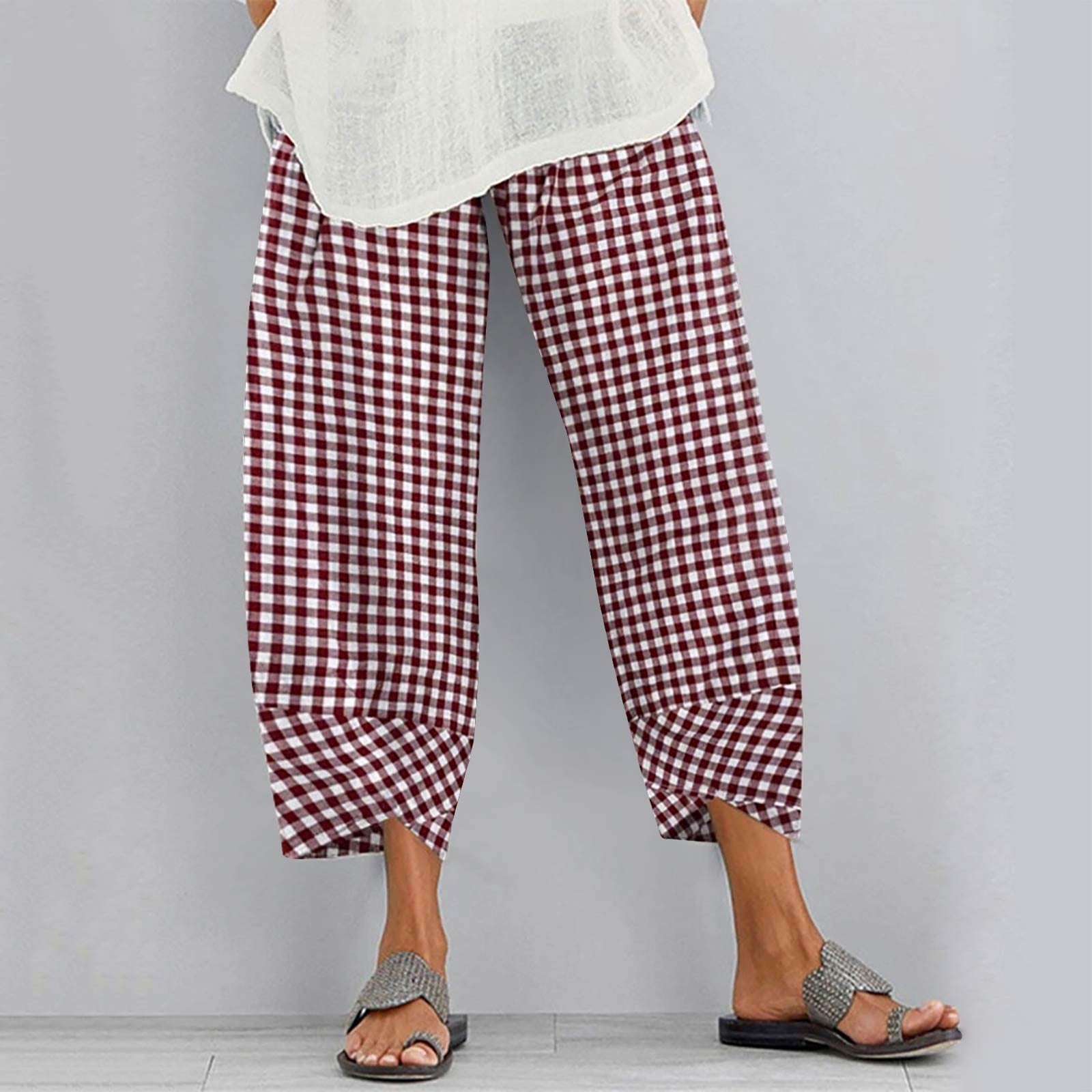 Leesechin Women's Plaid Wide Leg Culotte Pants Gingham High Elastic ...