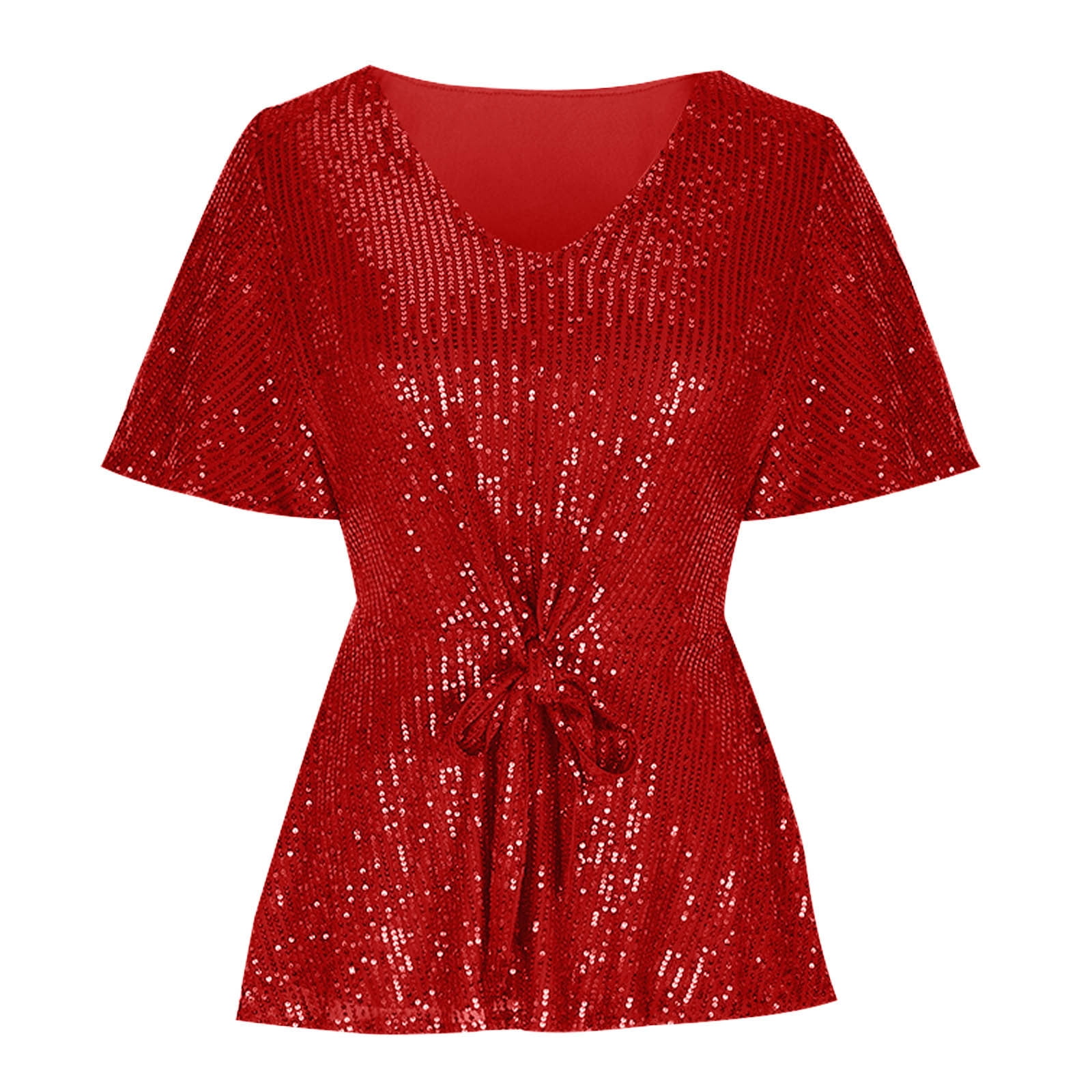 Leesechin Women's Sparkly Sequin Tops Peplum V Neck Tie Front Short ...
