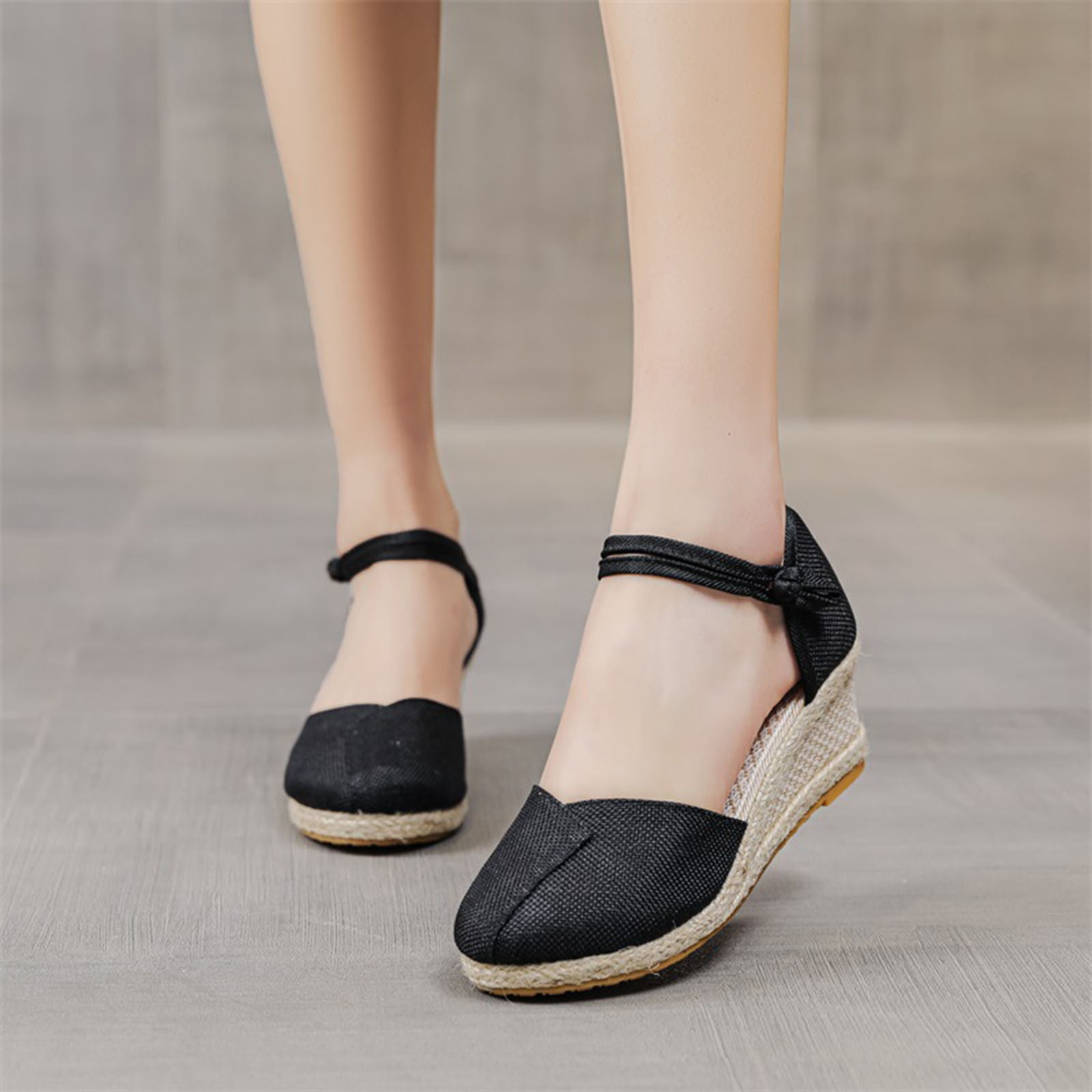 Leesechin Womens Closed Toe Wedges Shoes Platform Slingback High Heel Canvas Dress Sandals Black ...