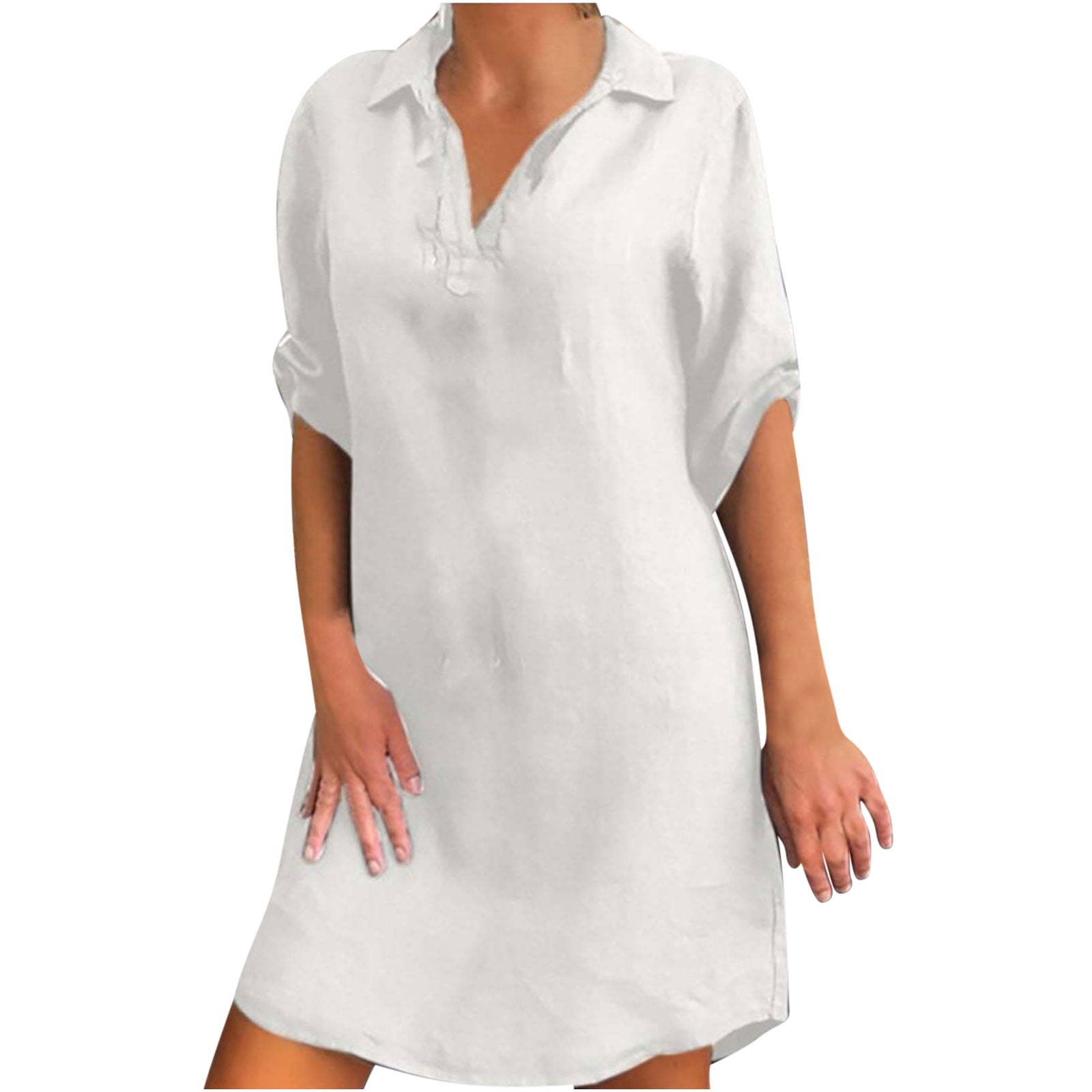 Leesechin Womens Cotton and Linen Long Sleeve Shirt Dress Plus Size ...