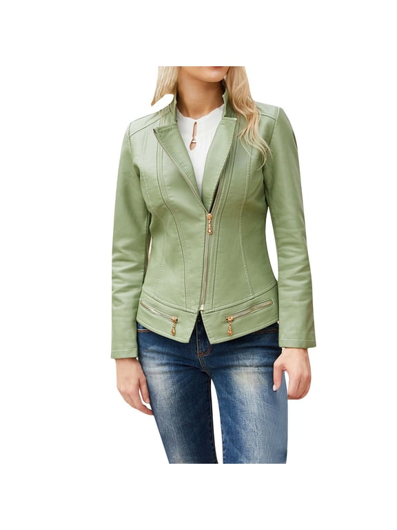 Ichuanyi Women Cool Faux Leather Jacket Long Sleeve Zipper Fitted Coat ...