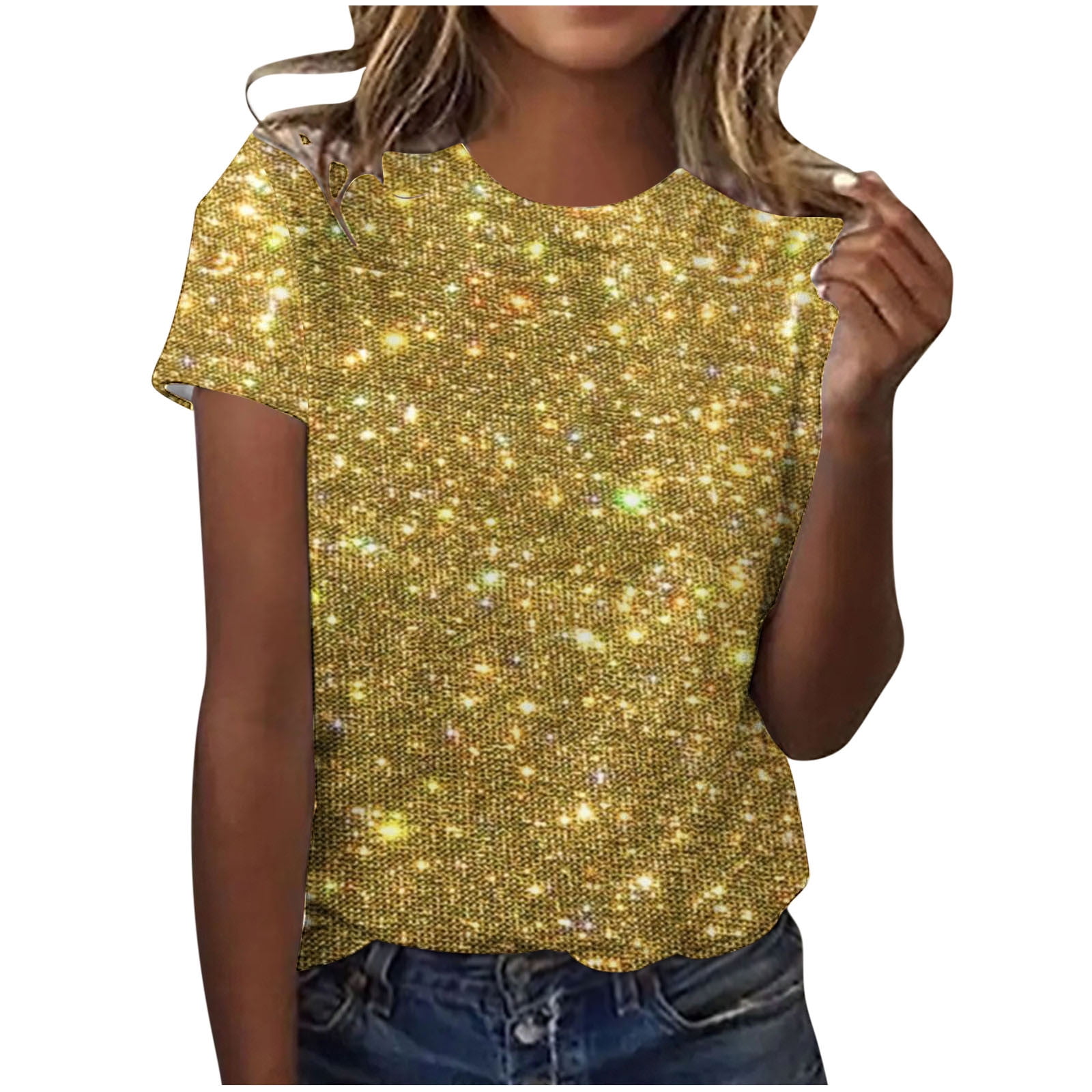 Leesechin Womens Sequin Tops Summer Short Sleeve Shimmer Glitter Tops ...
