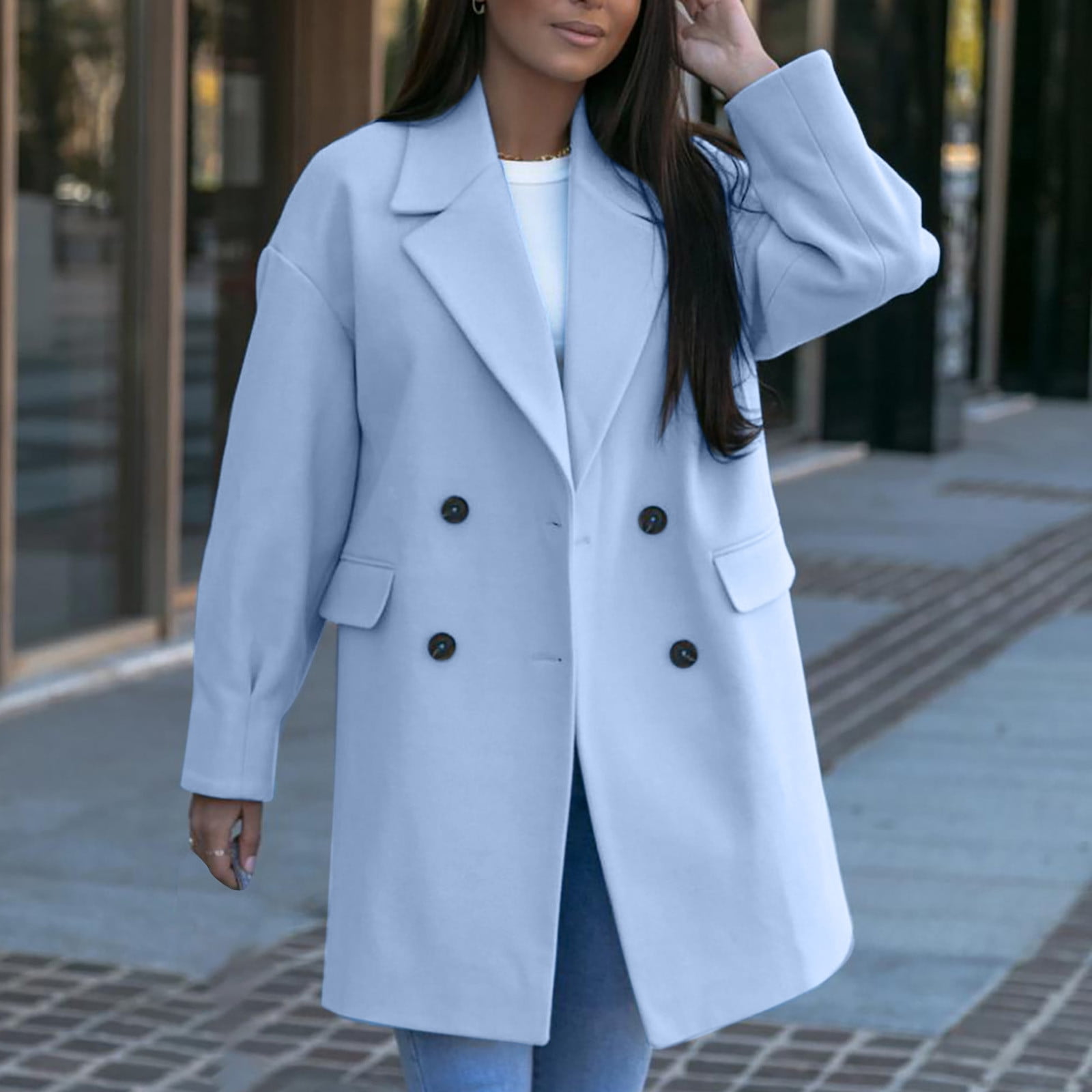 Leesechin Womens Trench Coats Solid Color Casual Long Sleeve Oversized ...