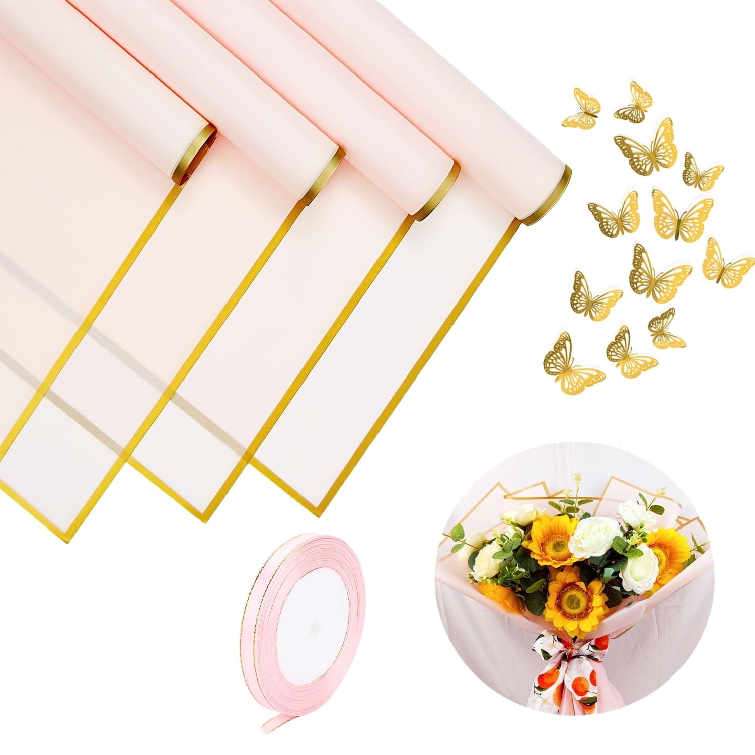 Lefiocky 20 Flower Wrapping Paper Sheet with 12 Pcs 3D Gold Butterflies ...
