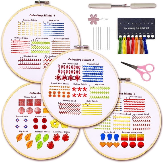 Lefiocky 4 Embroidery Kit for Beginners, Classic Embroidery Stitches ...