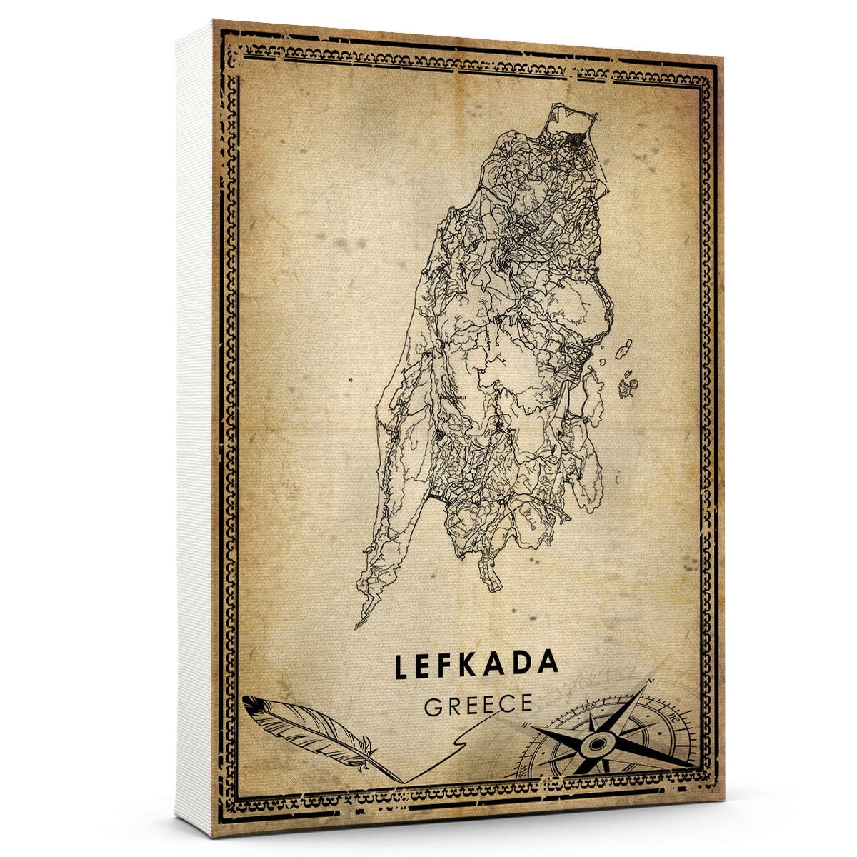 Lefkada Vintage Map Prints Canvas, Greece Map Art Canvas, Canvas ...