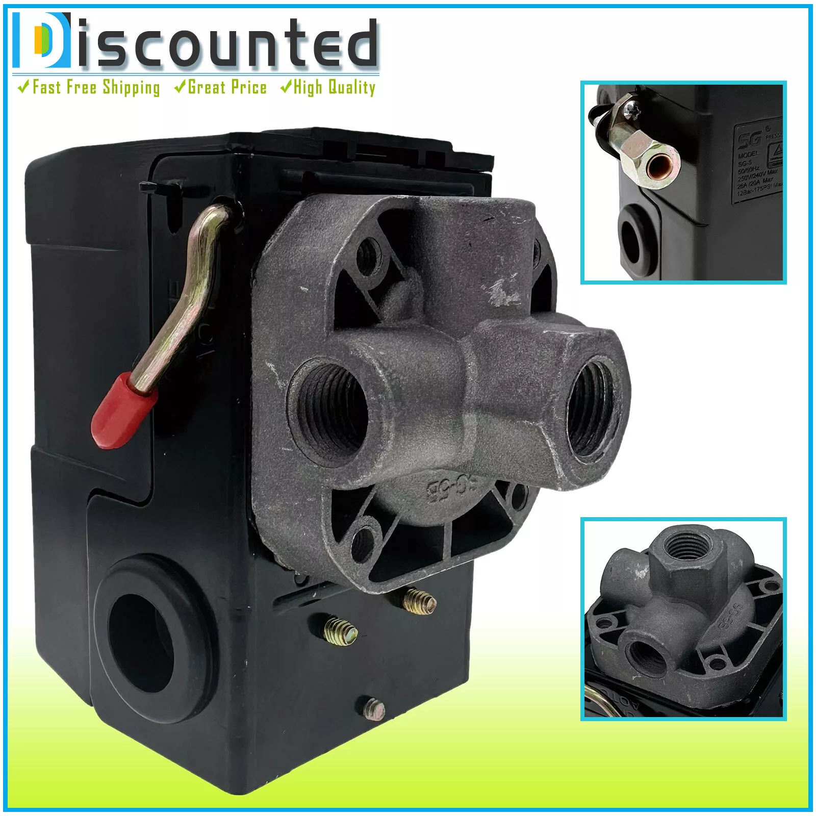 Lefoo 95-125 PSI Air Compressor Pressure Switch 1/4" Female NPT 4 Port ...