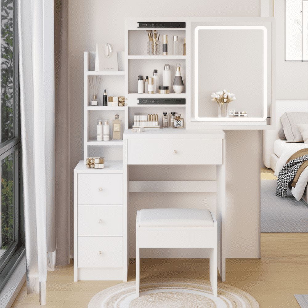 Left Bedside Cabinet Vanity Table + Cushioned Stool, Extra Large ...