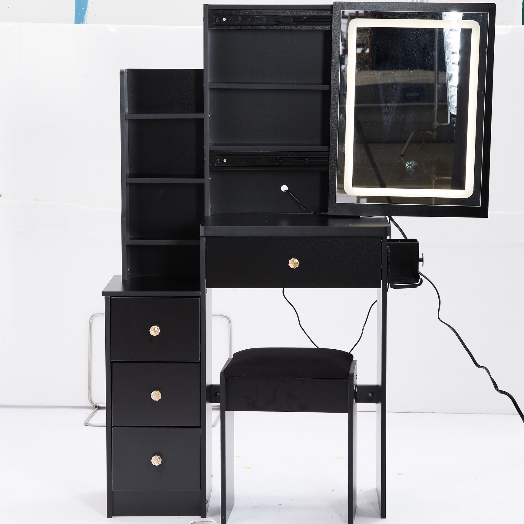 Left Bedside Vanity Table Set for Small Spaces | 3 - Color Mirror Light ...