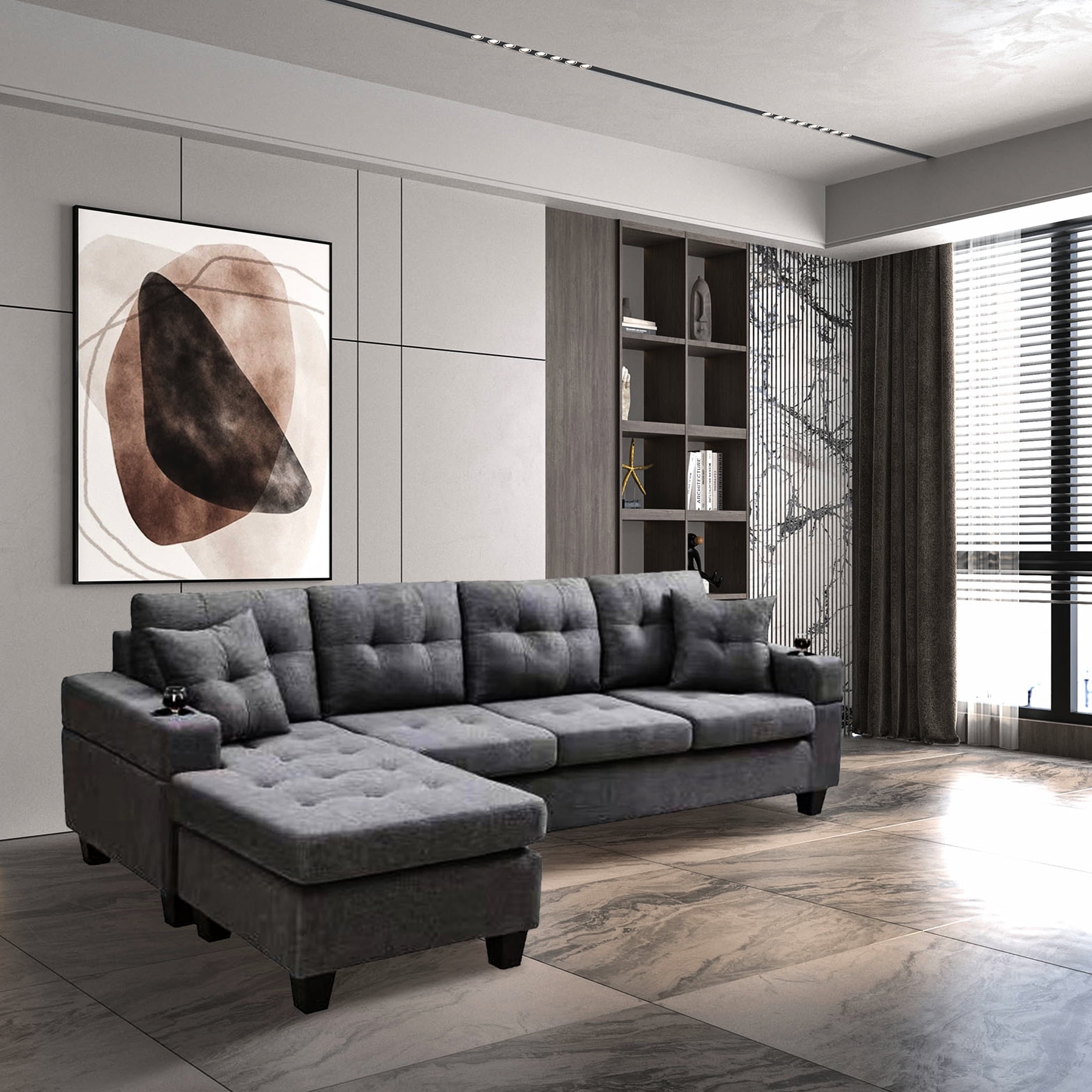 Left Chaise Longue Sectional With Armrest Storage. Grey Living Room ...