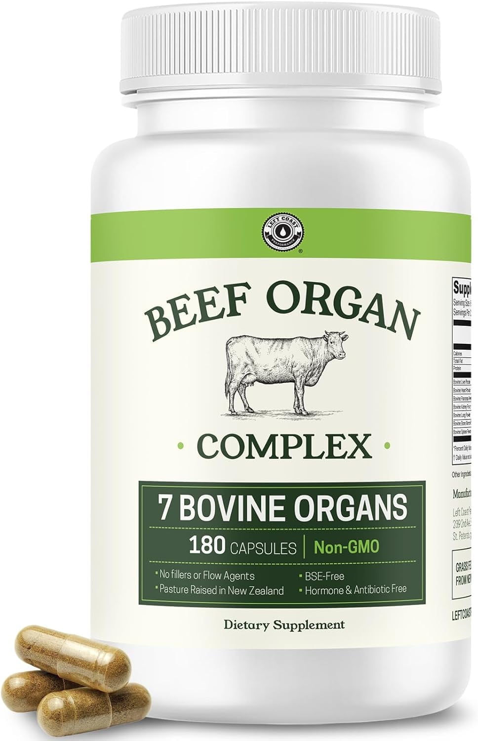 Left Coast Performance Grass-Fed Beef Organ Supplement with 7 Bovine ...