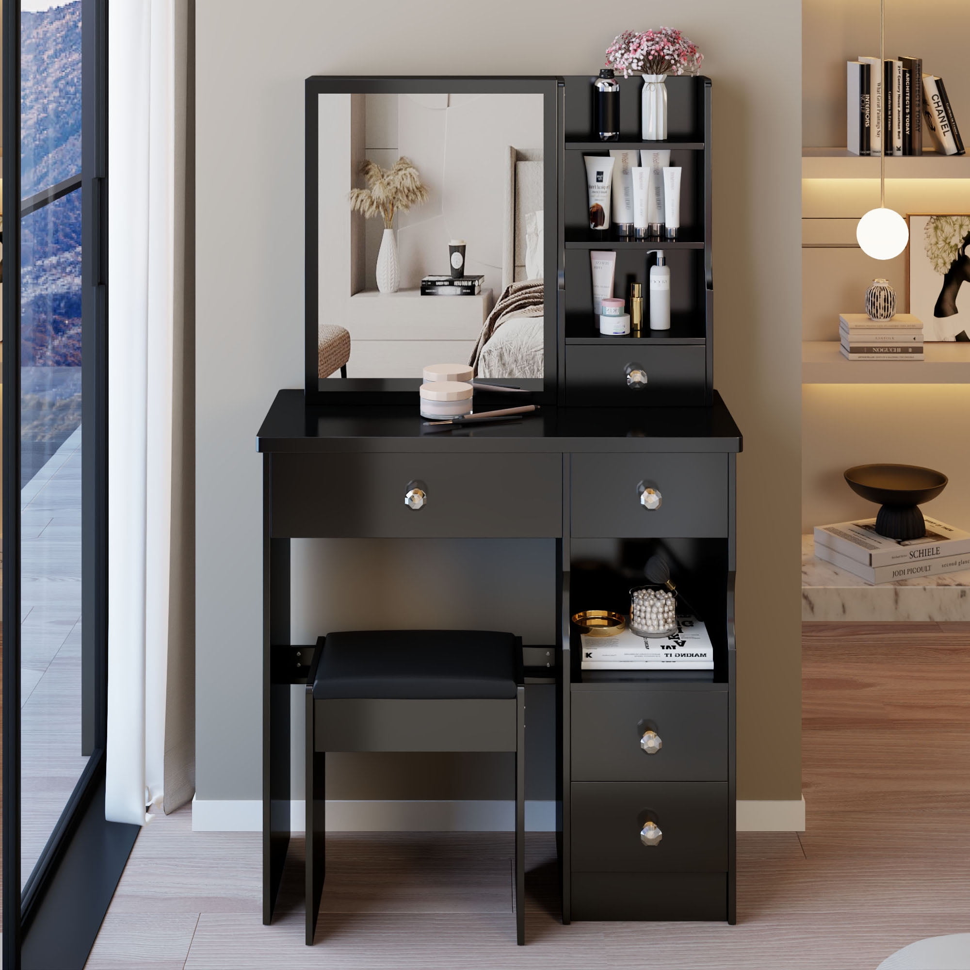 Left Drawer Desktop Vanity Table With Cushioned Stool, Right Sliding ...
