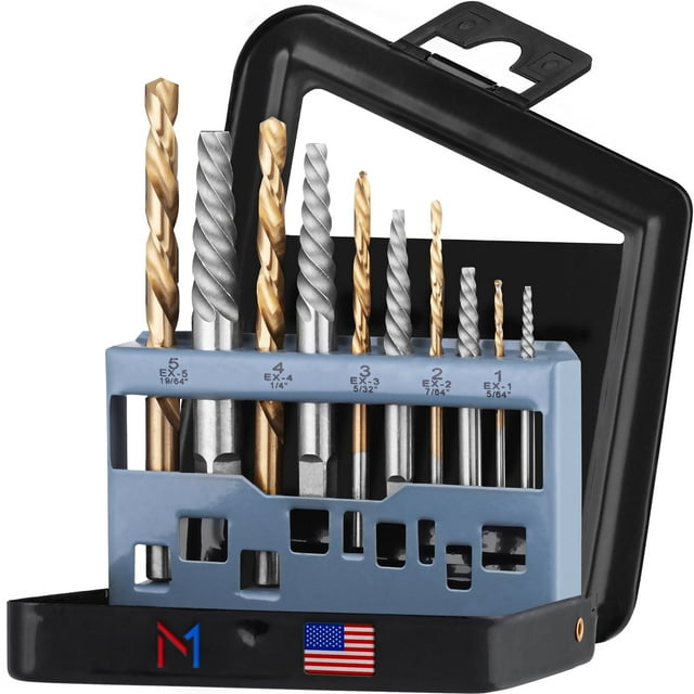 Mata1-USA Left Hand Drill Bit Set, 10pc Steel Reverse Twist Screw ...