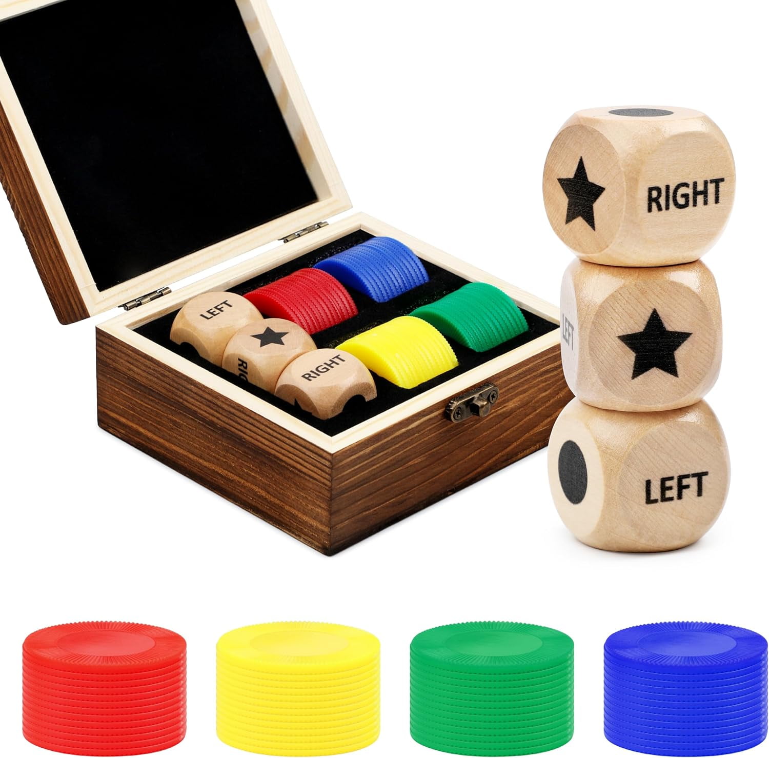 Left Right Center Dice Game Set, Include 3 1-inch Wooden Dices and 48 ...