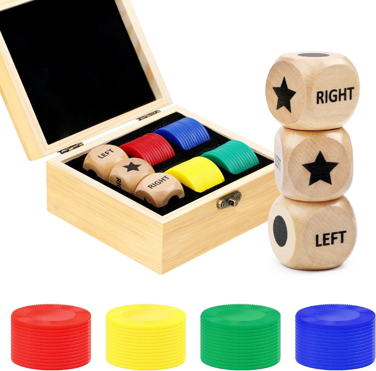 Left Right Center Dice Game Set, Include 3 1-inch Wooden Dices and 48 ...