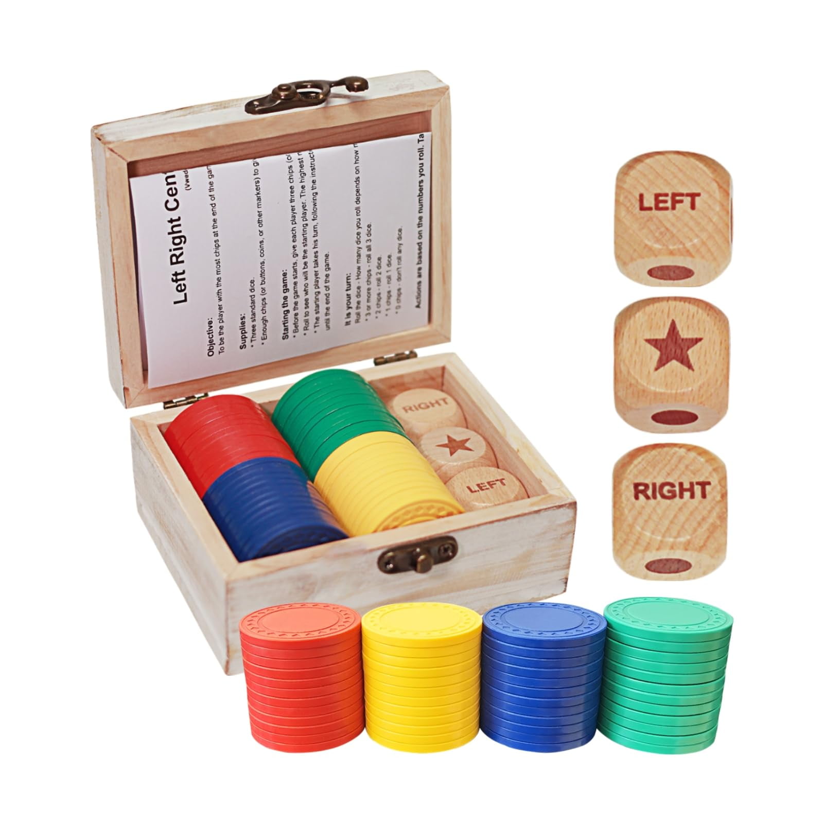 Left Right Center Dice MMF7 Game Set, 3 1-inch Wood Dice and 48 Thicker ...