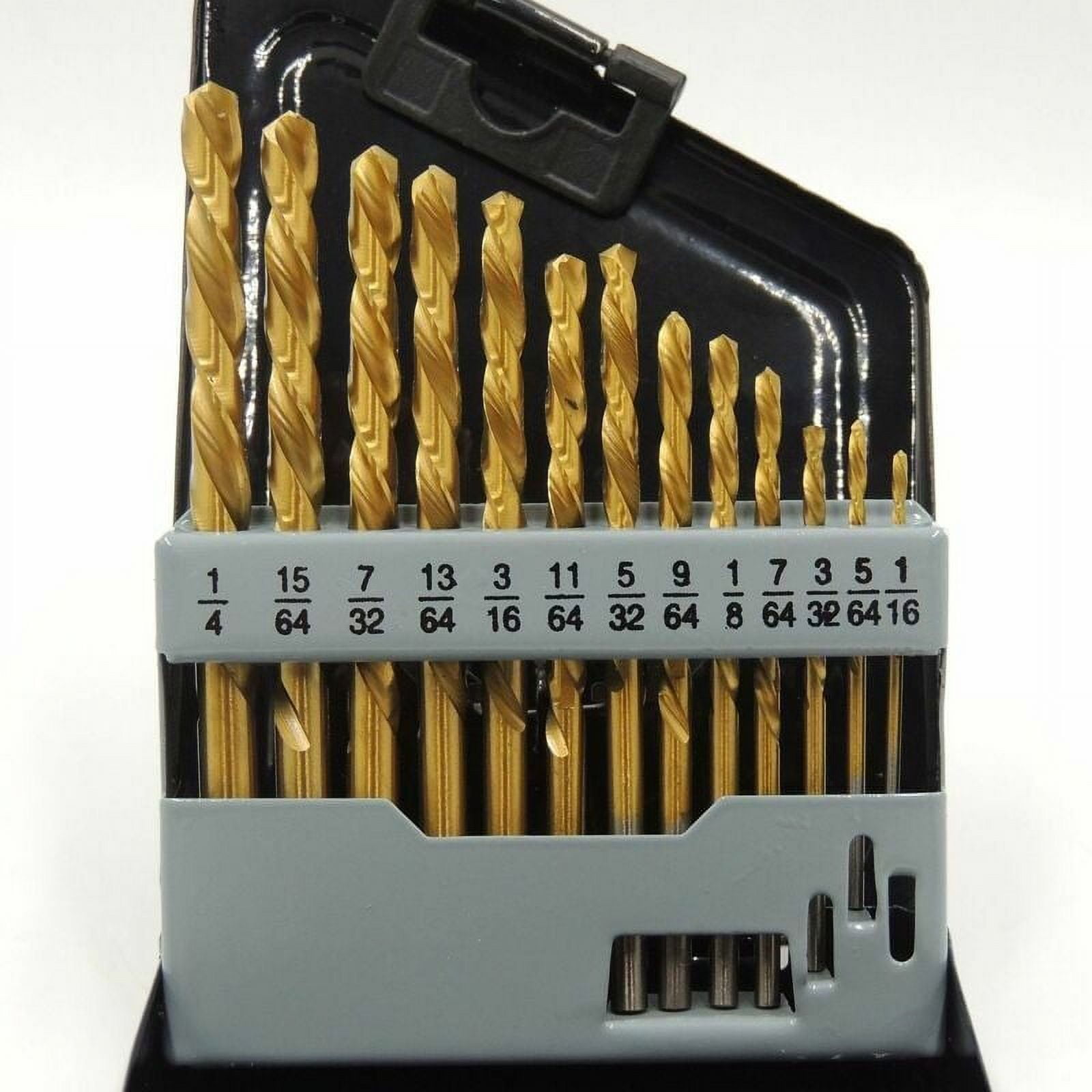 Left-hand drill set, 13 pieces M2 HSS with titanium nitride coating SAE (1/16 - 1/4) Rawiri ...