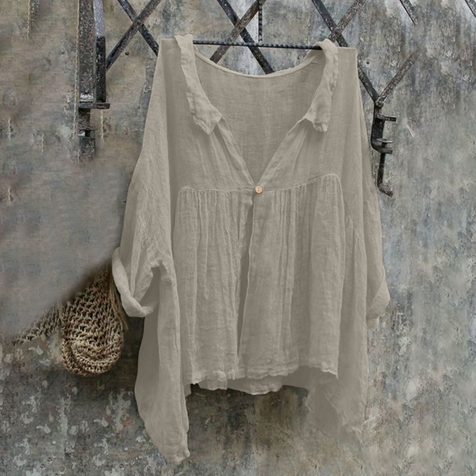 Lefthigh Cotton Linen Shirts For Women 2024 Buttons V Neck Long Sleeve ...