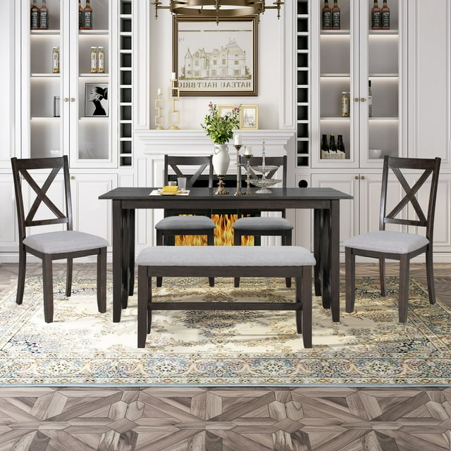 LegaHome 6 Piece Dining Table Set, Solid Wood Family Dining Room Set with Foldable Table, 4 ...