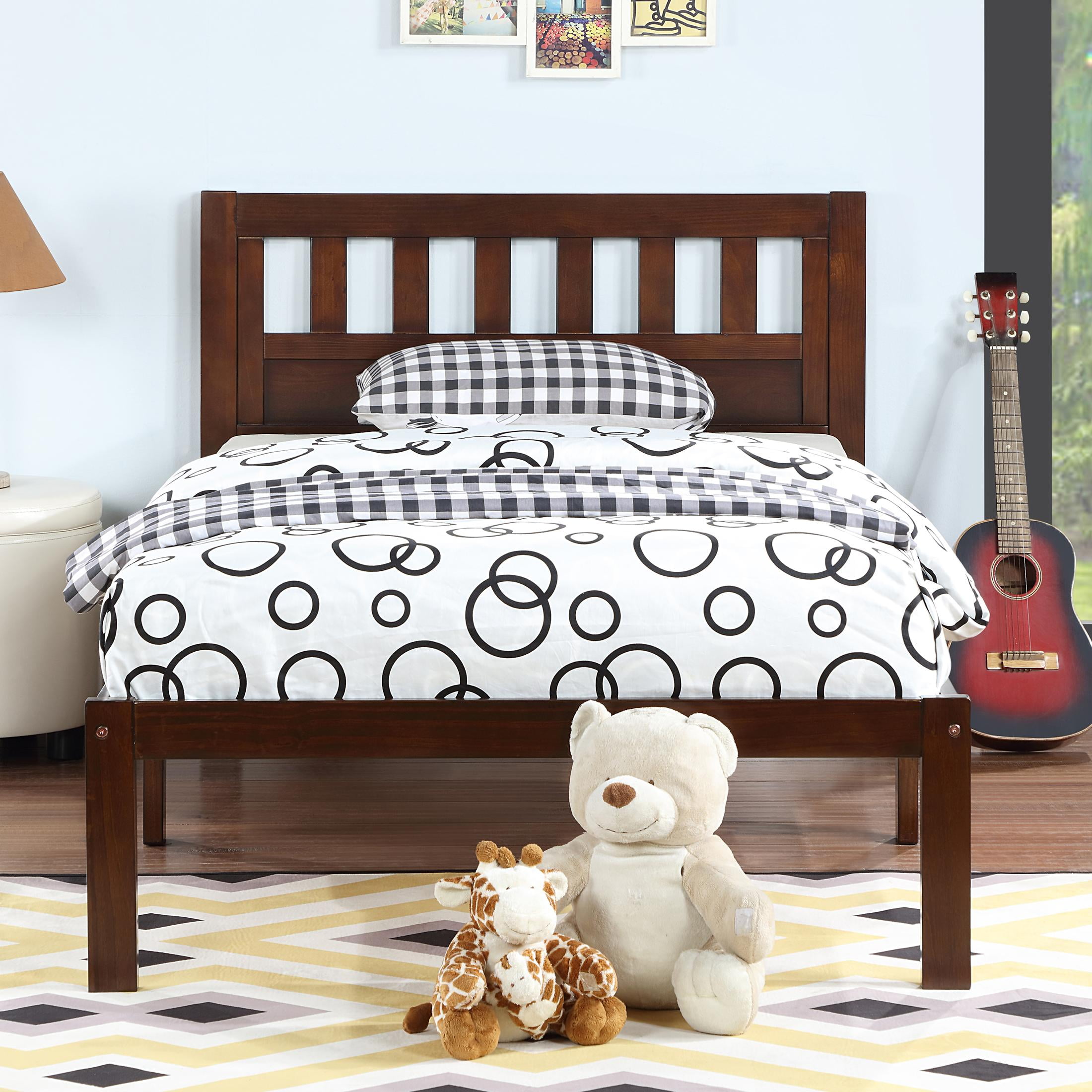 LegaHome White Wooden Twin Platform Bed Frame with Headboard, Twin Size ...