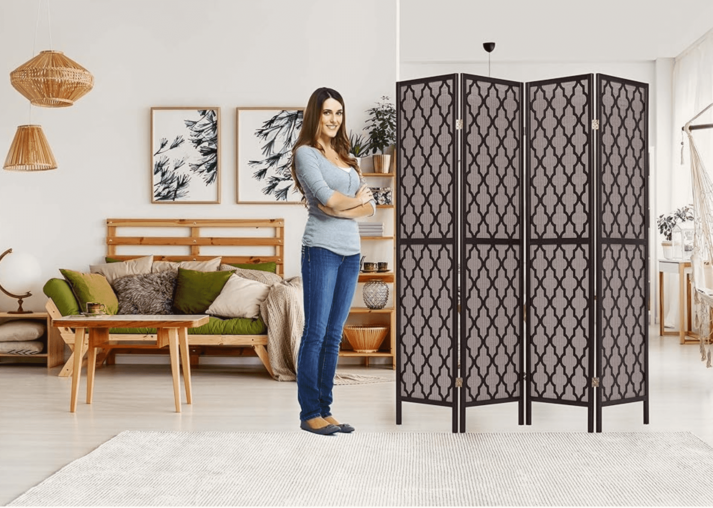 Legacy Decor 4 Panels Screen Room Divider Rattan Cane Webbing Insert ...