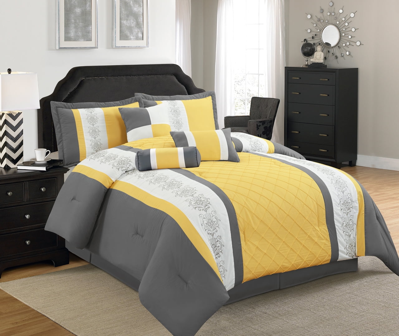 Legacy Decor 7-Pc Queen Size Bedding Set, Grey, Yellow and White ...