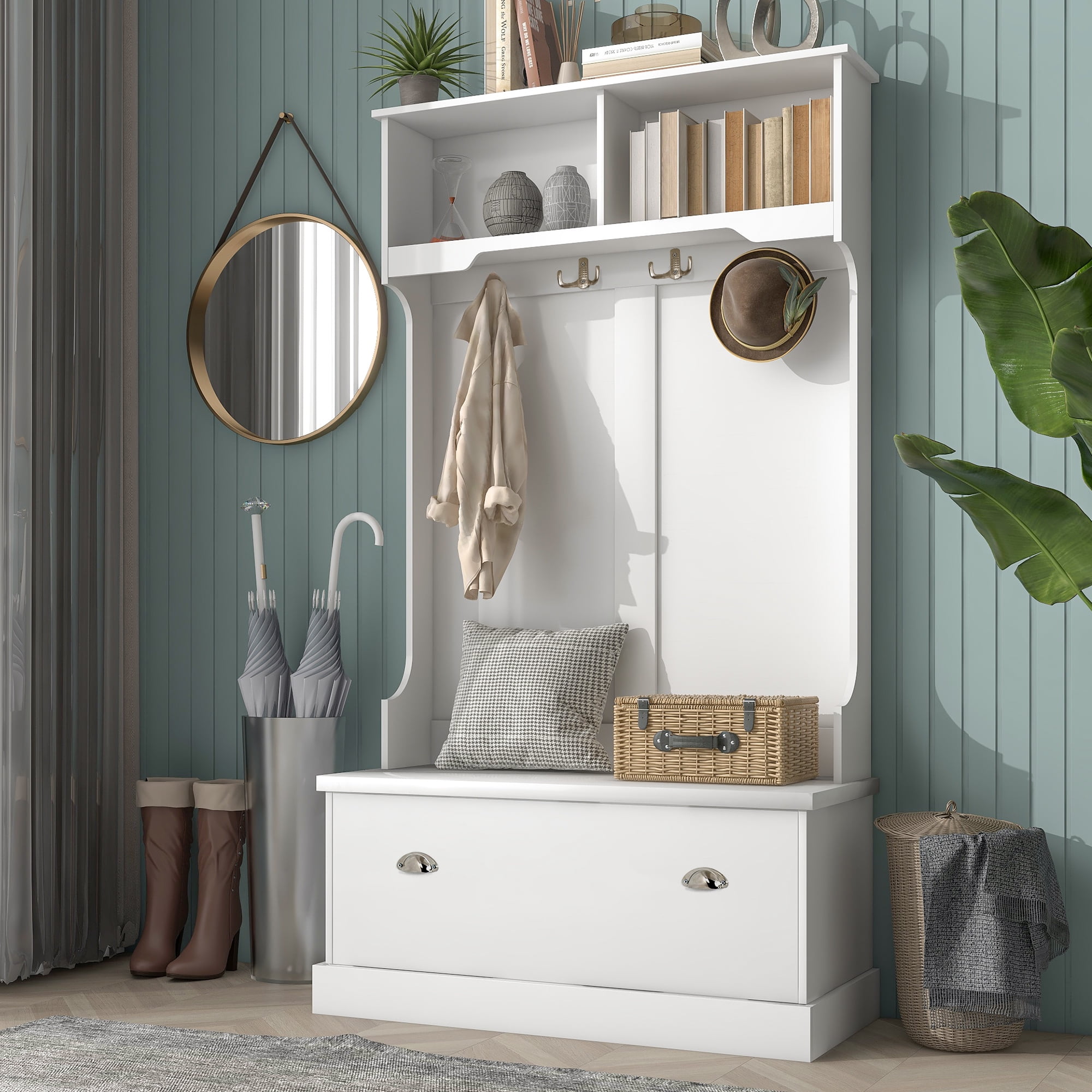 Legahome Hall Trees for Entryway, Wood Hall Tree with Storage Bench and ...