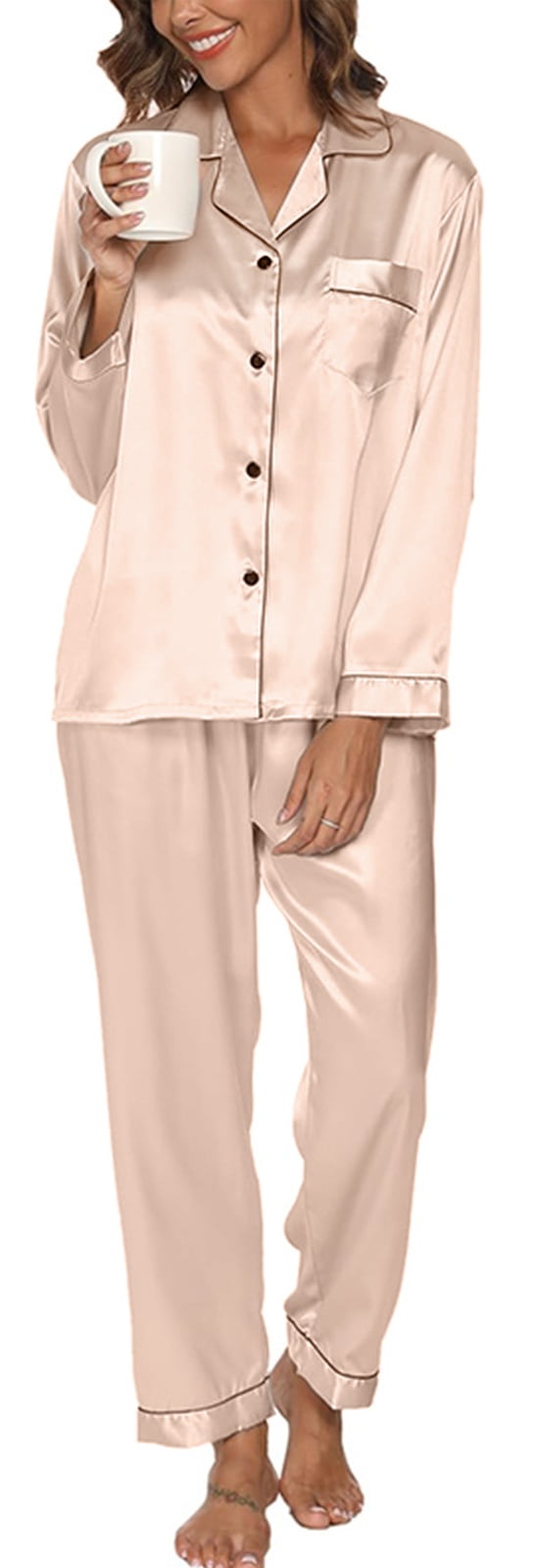 CaiDieNu Luxurious Women's Satin Pajama Set - 2PC Long Sleeve Button ...
