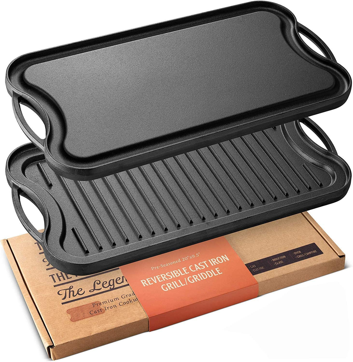 Legend Cast Iron Griddle for Gas Stovetop | 2-in-1 Reversible 20” Cast ...