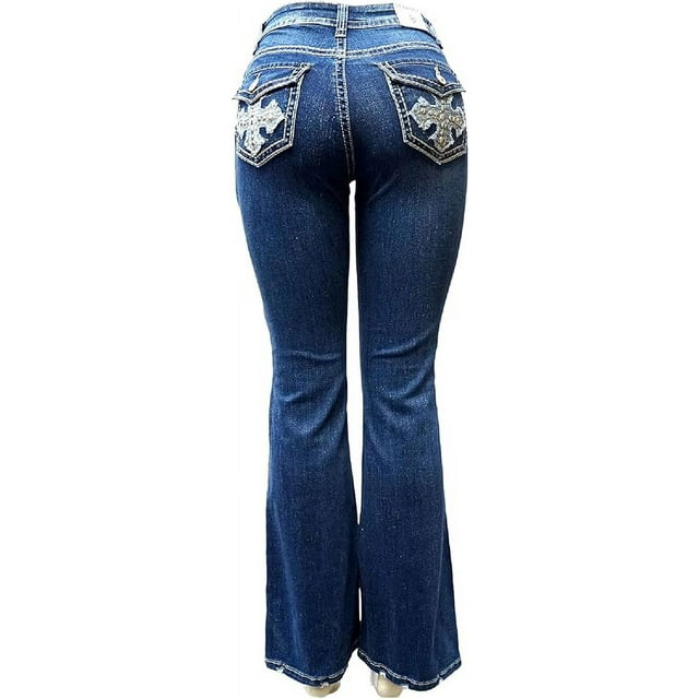 Legend Women's 70s Trendy Sexy Rhinestone Studded Flare Fitted High Waist Bell Bottom Denim ...