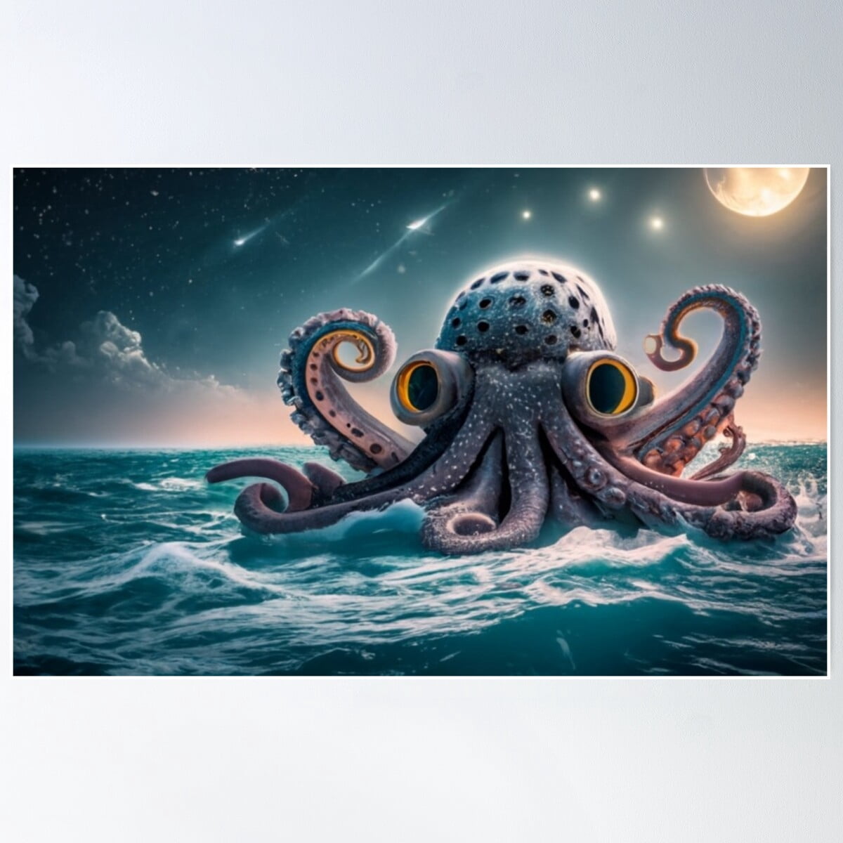 Legendary Octopus Ocean Tied At Bright Night Sky Full Of Stars Poster ...