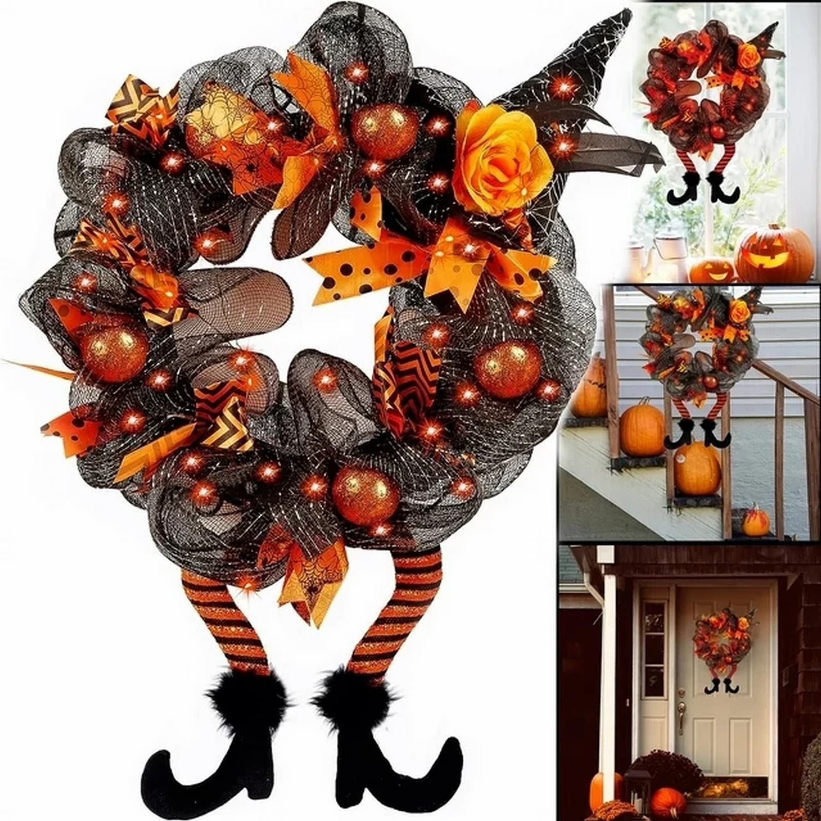 Legged Witch Wreath (Halloween Porch Decor, Lighted Spooky), Glowing ...