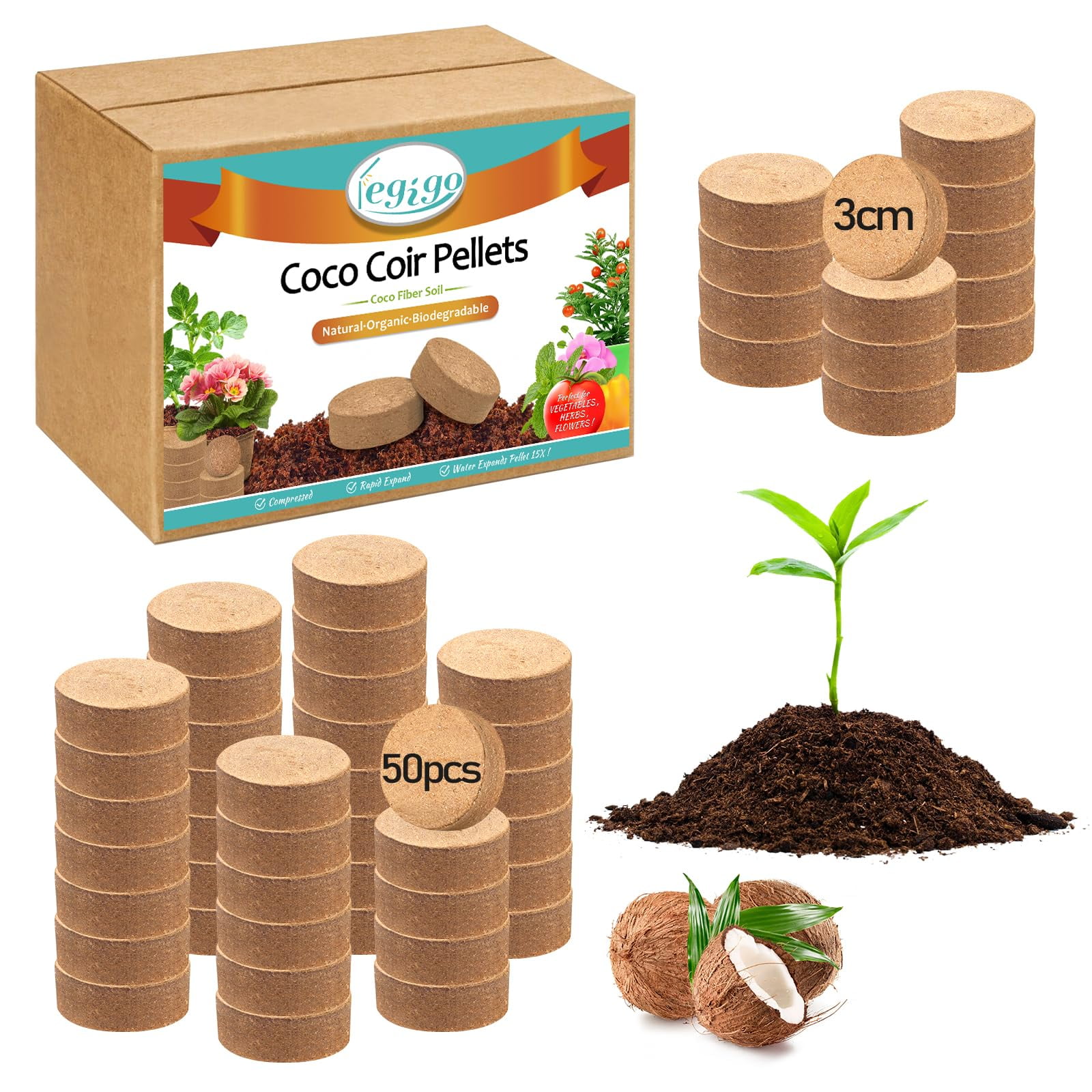 Legigo 50 Pcs 30mm Organic Coco Coir Pellets for Plants- Compressed ...
